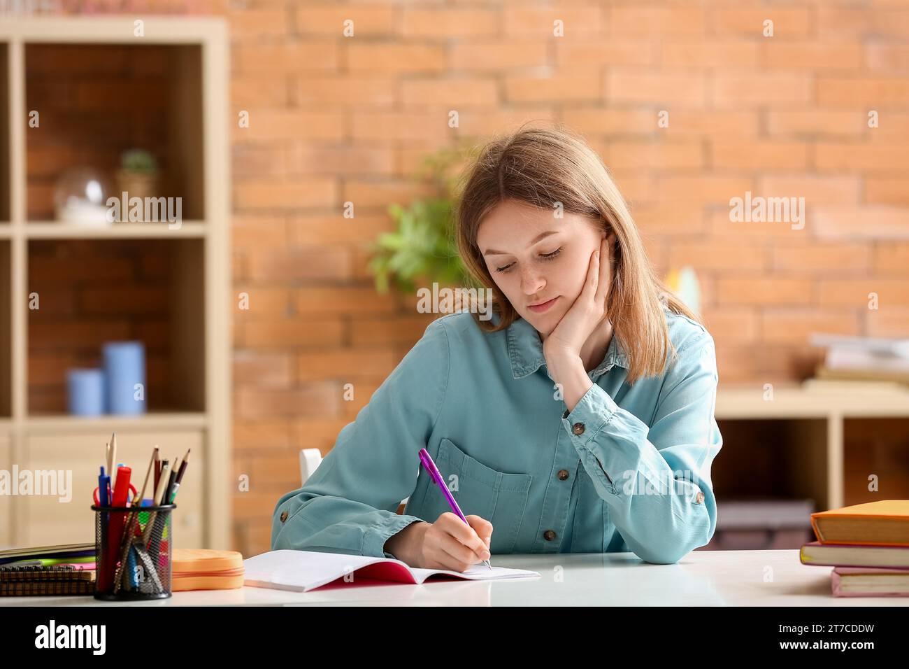 Teenage girl doing lessons at home Stock Photo - Alamy