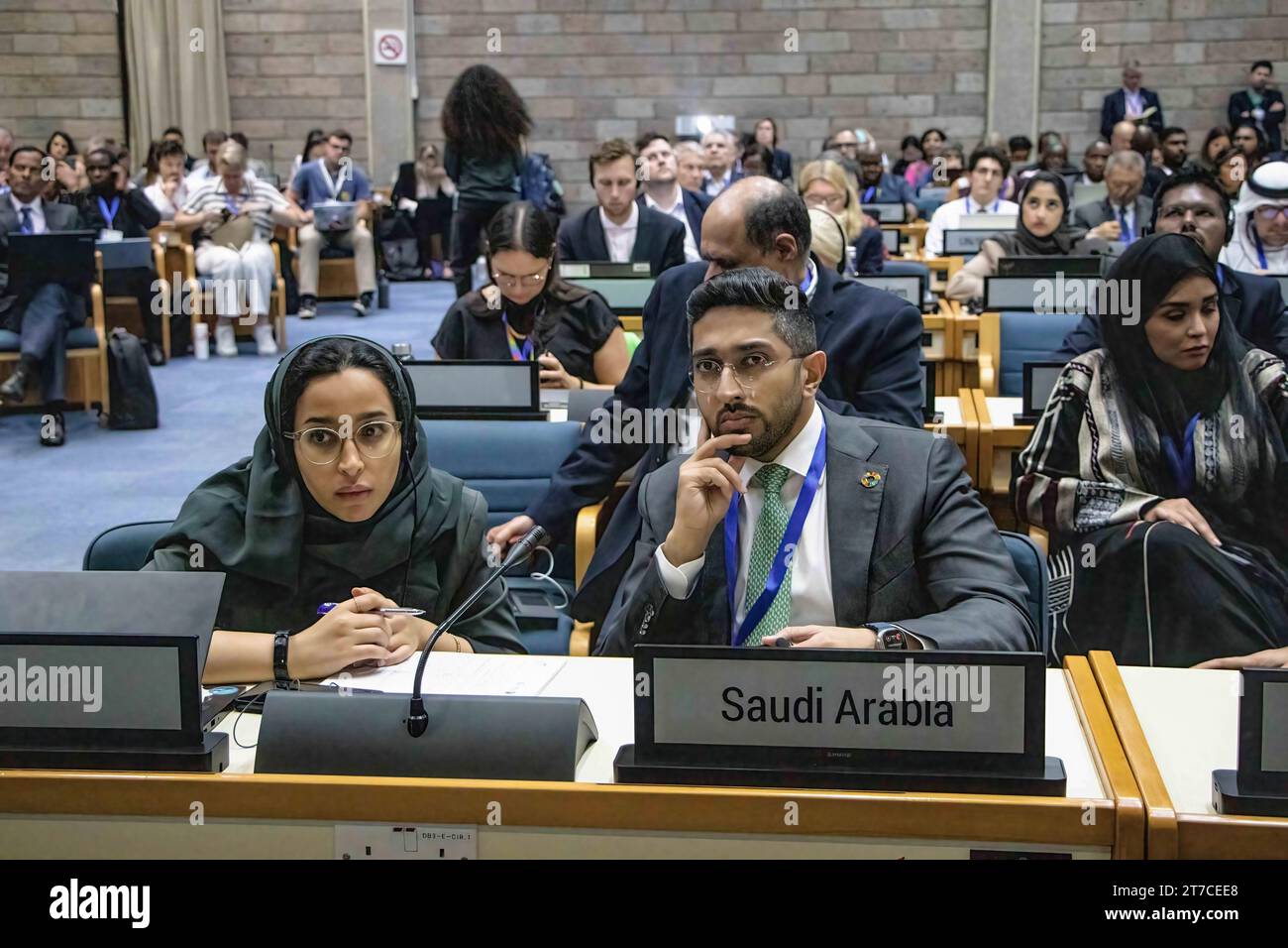 Nairobi, Kenya. 14th Nov, 2023. Saudi Arabian delegates follow the day ...