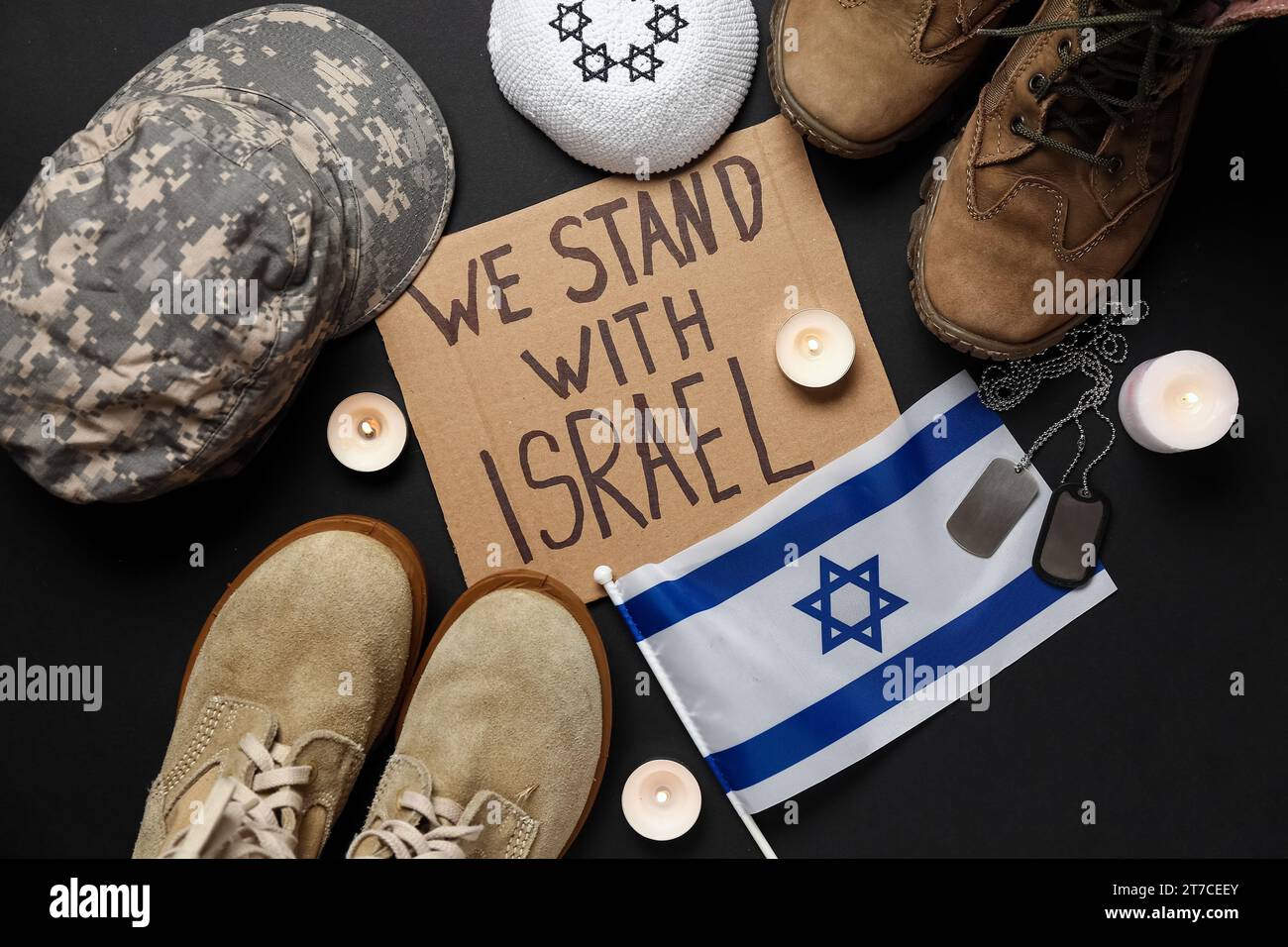 Text WE STAND WITH ISRAEL, military uniform, dog tags, Jewish hat, flag ...