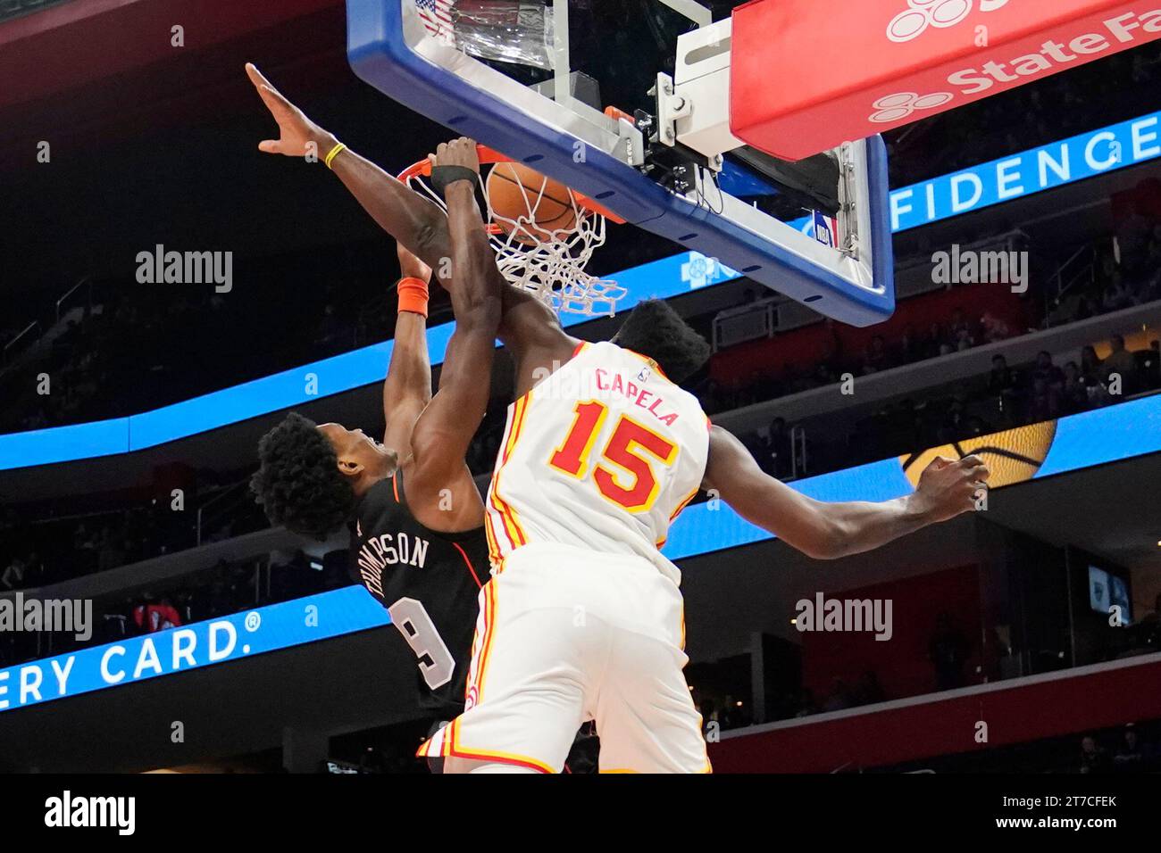 Detroit Pistons forward Ausar Thompson (9) dunks as Atlanta Hawks ...