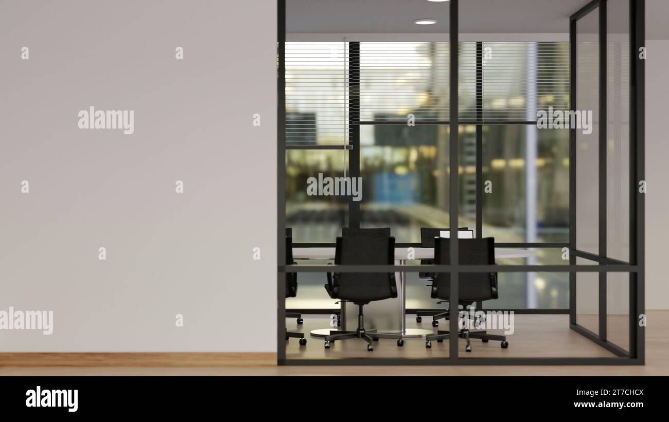 A modern office corridor with a modern meeting room and empty space on ...