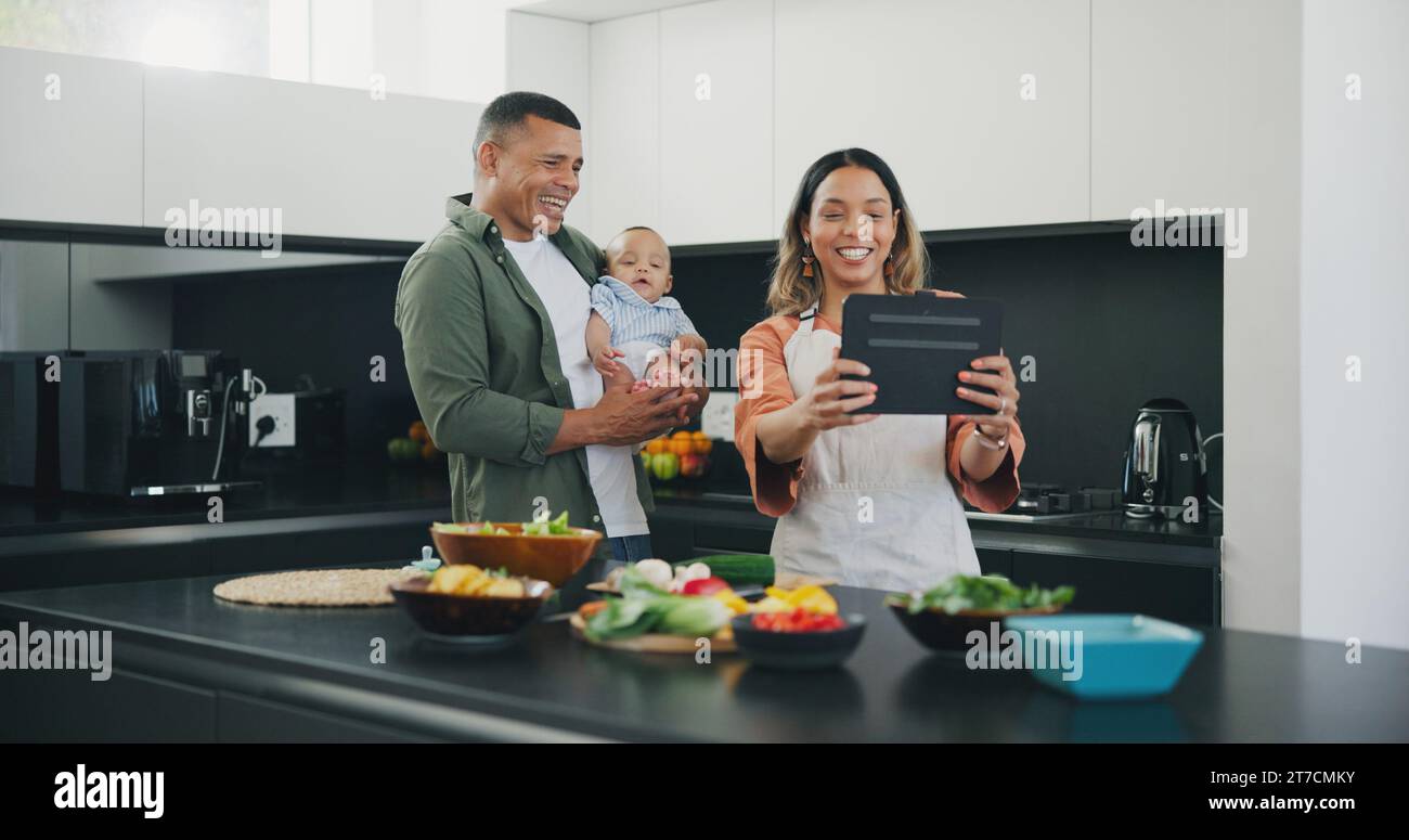 Family, tablet and selfie in kitchen, smile and internet on technology ...