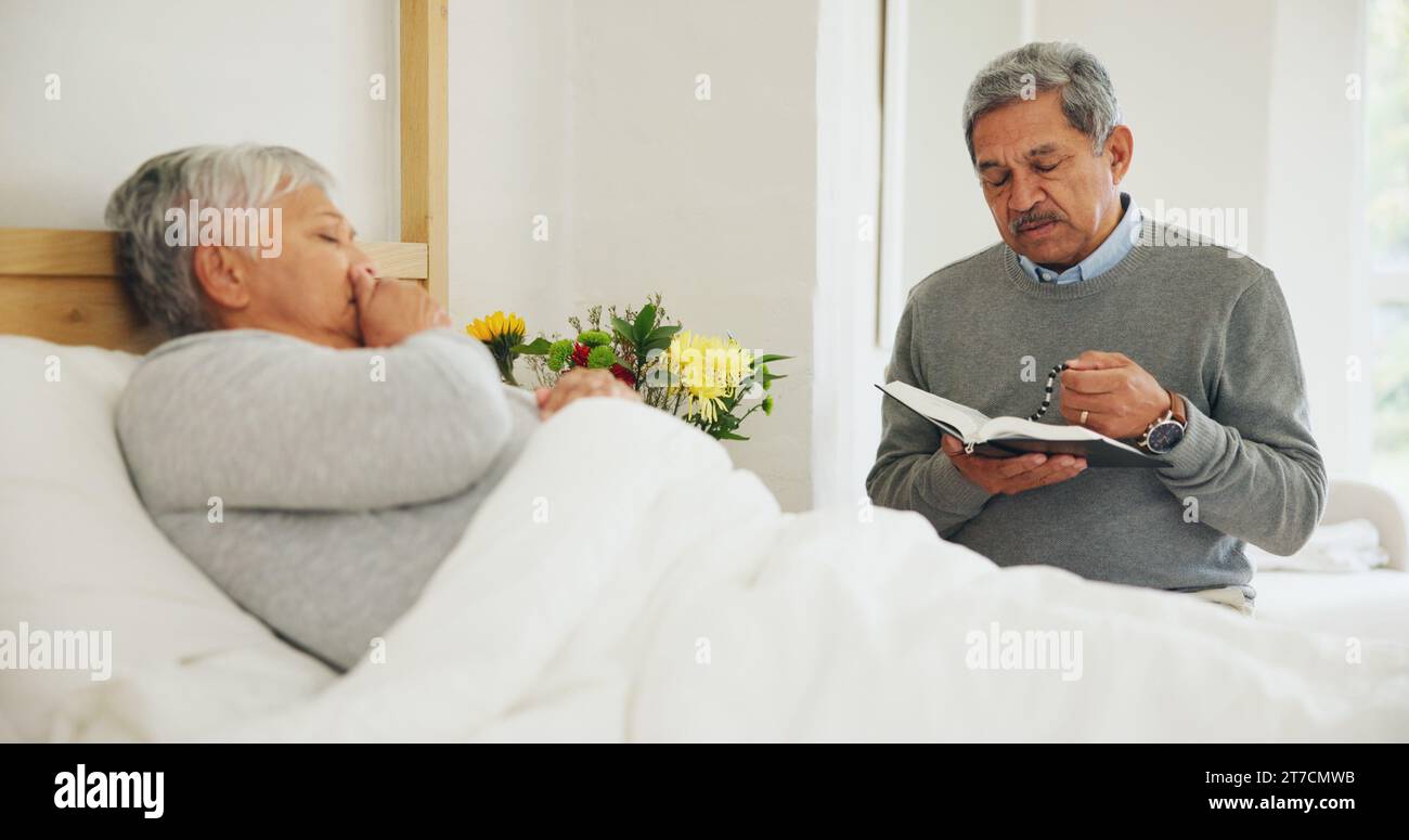 Woman, bed and illness or person prayer for wellbeing on bible or ...