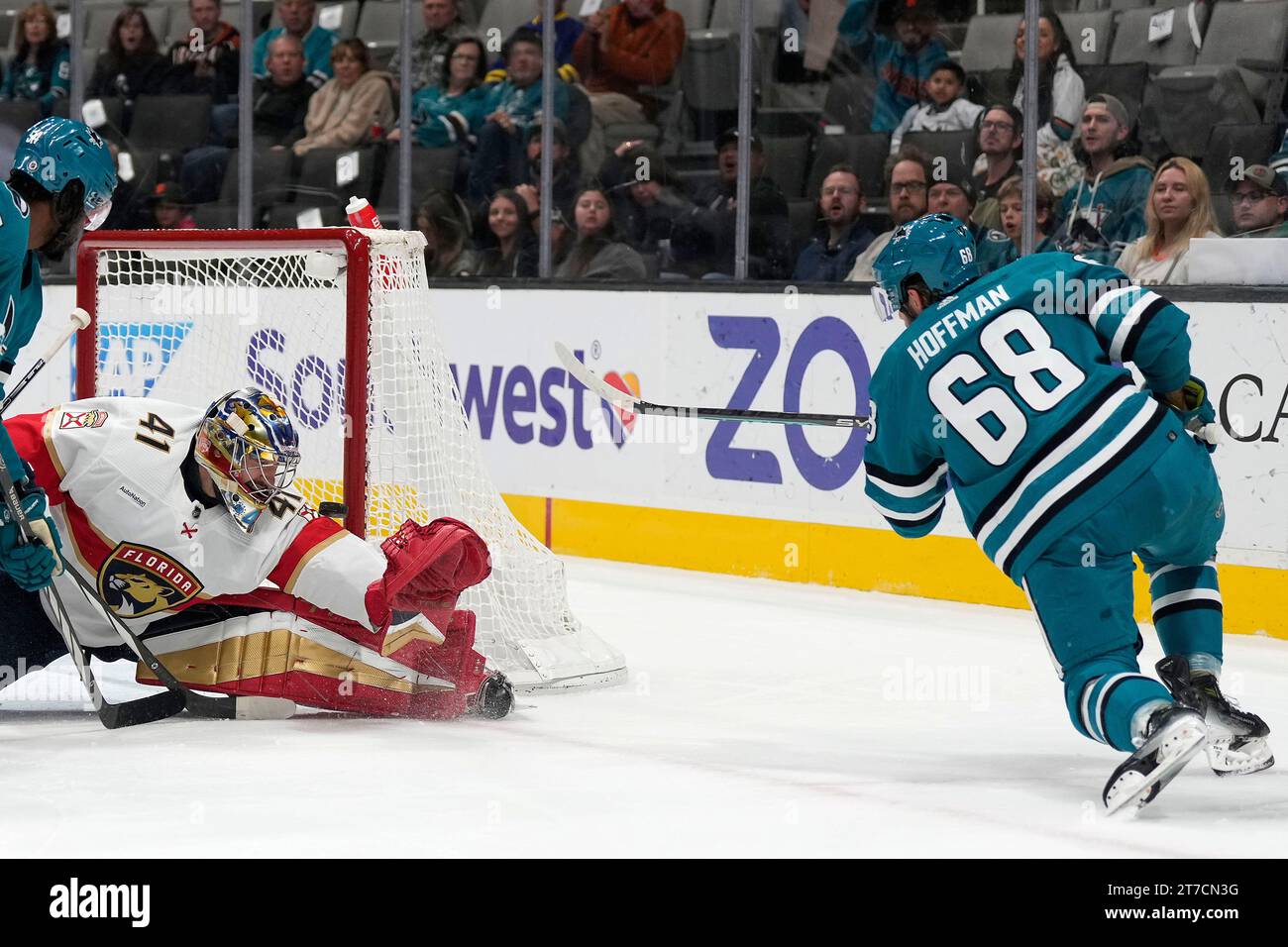 San Jose Sharks left wing Mike Hoffman (68) scores a goal past Florida ...