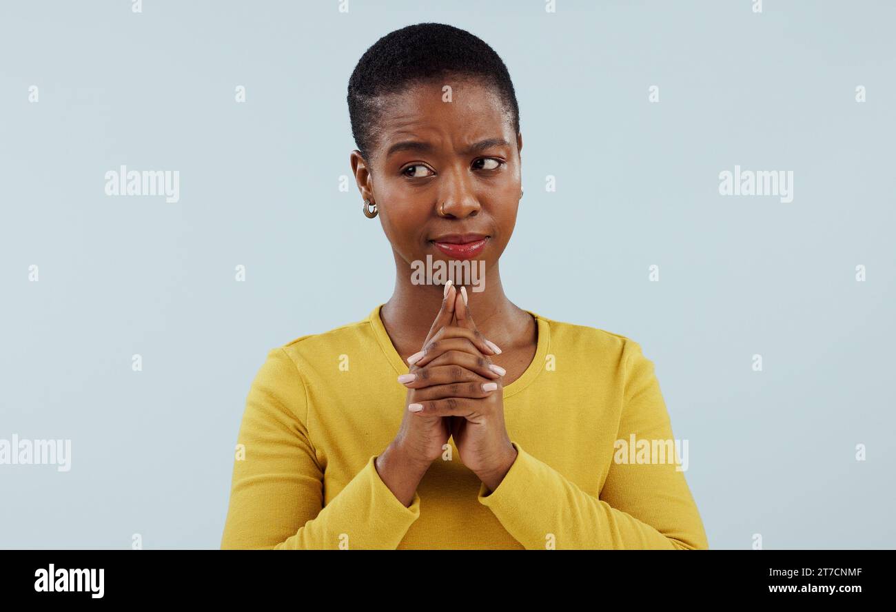 Doubt, wish and thinking, black woman in studio with hope for ...