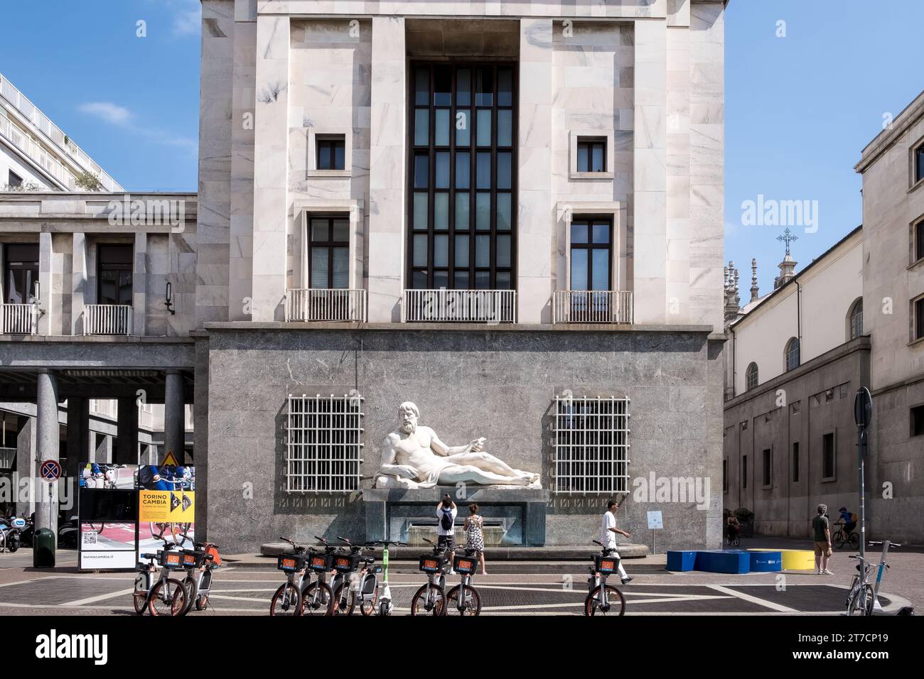 View of the Fountain of Po in Turin's Via Roma. The allegorical statue ...