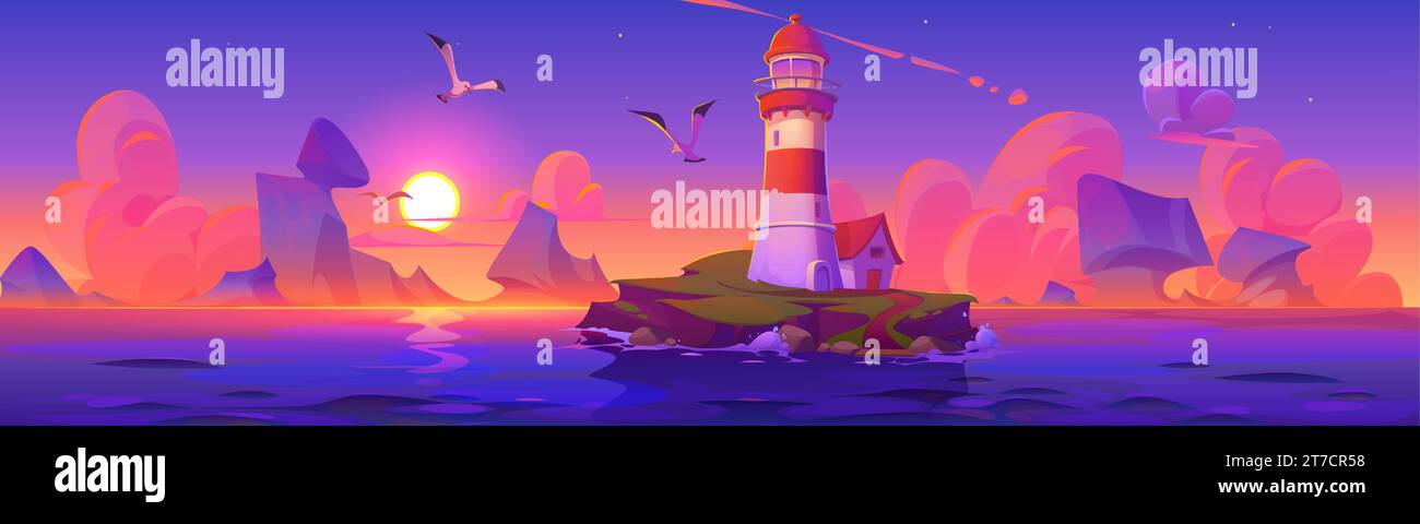 Lighthouse on rocky cliff of island in ocean or sea on background of ...