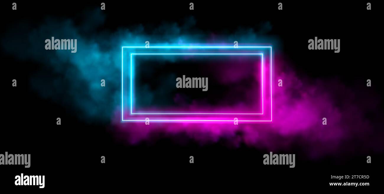 Rectangular neon light frame in cloud of smoke on black background ...