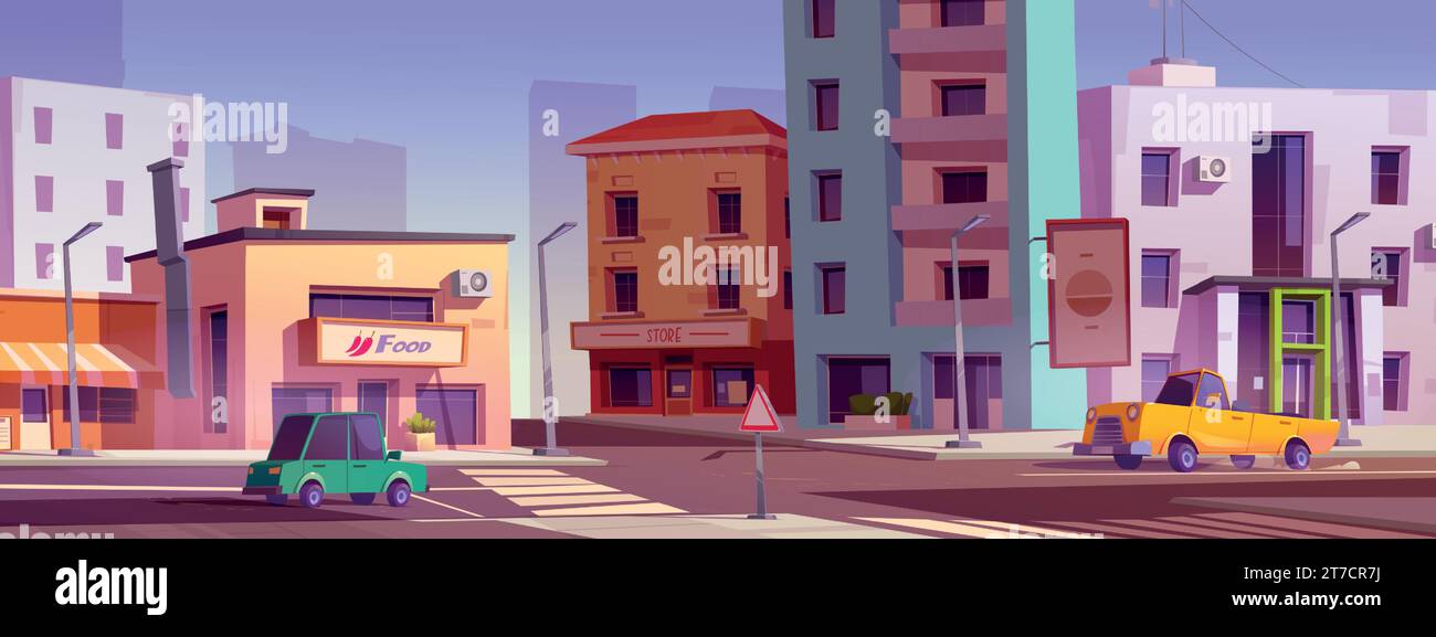 City street intersection with houses and cars. Vector cartoon ...