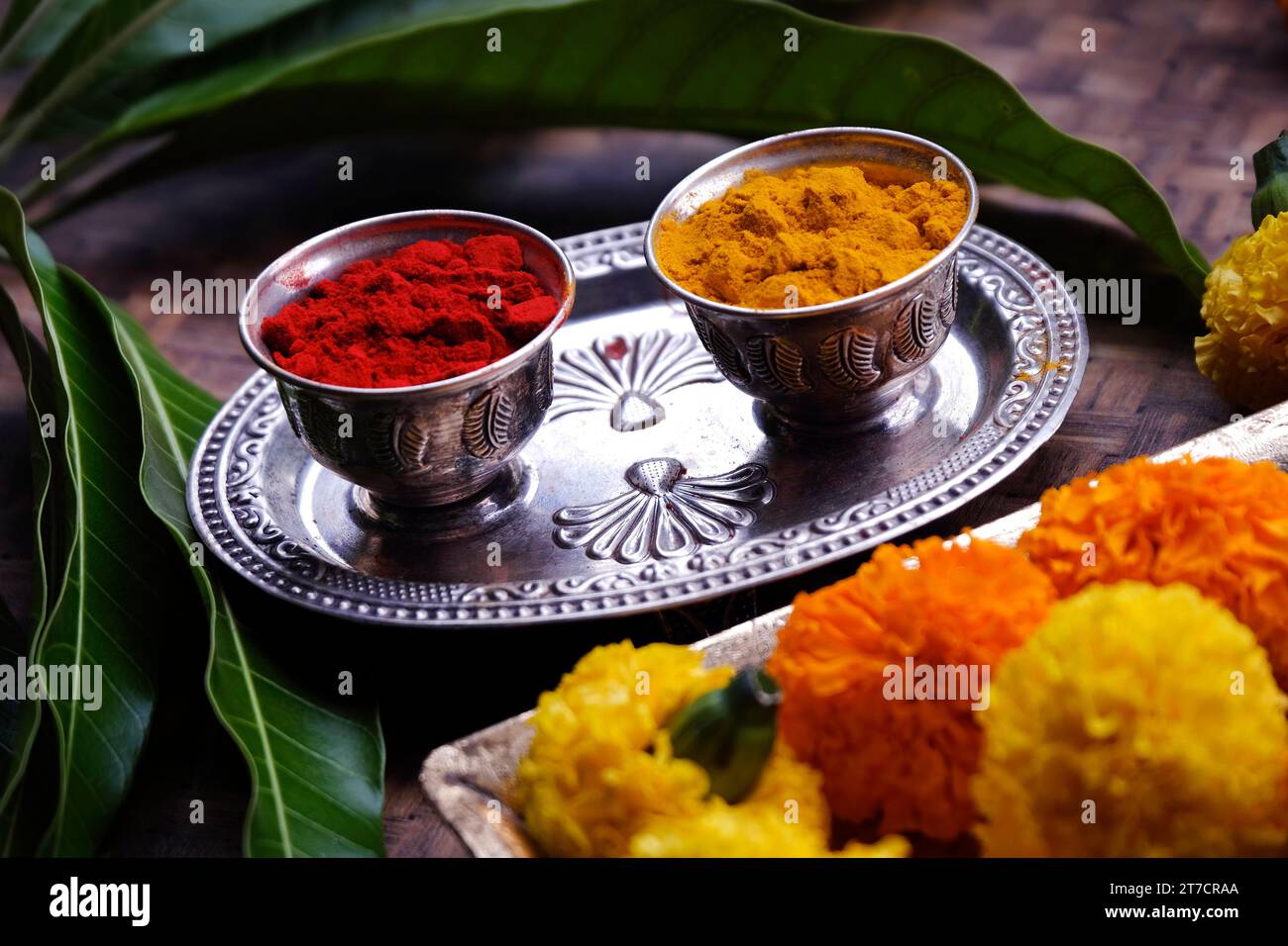 India's tradition Turmeric (Haldi) powder and kumkum powder in silver ...