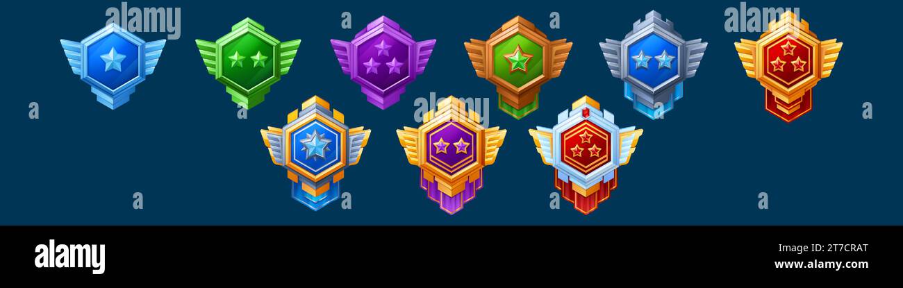 Medal and emblem with star, ribbon and wings for game interface level ...