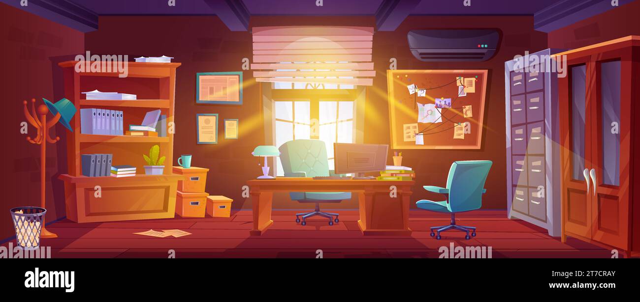 Messy detective office interior. Vector cartoon illustration of police ...
