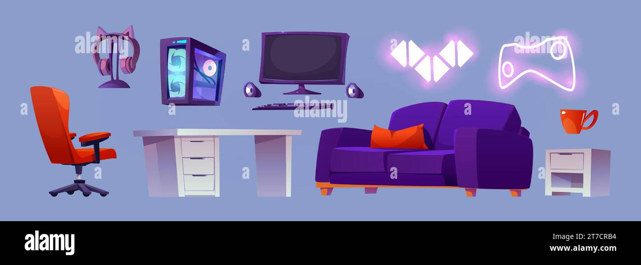 Gamer room design elements isolated on background. Vector cartoon ...