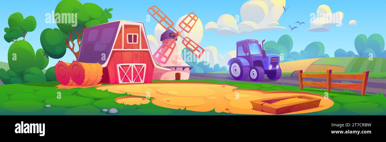 Farm yard with tractor, barn and windmill. Vector cartoon illustration ...