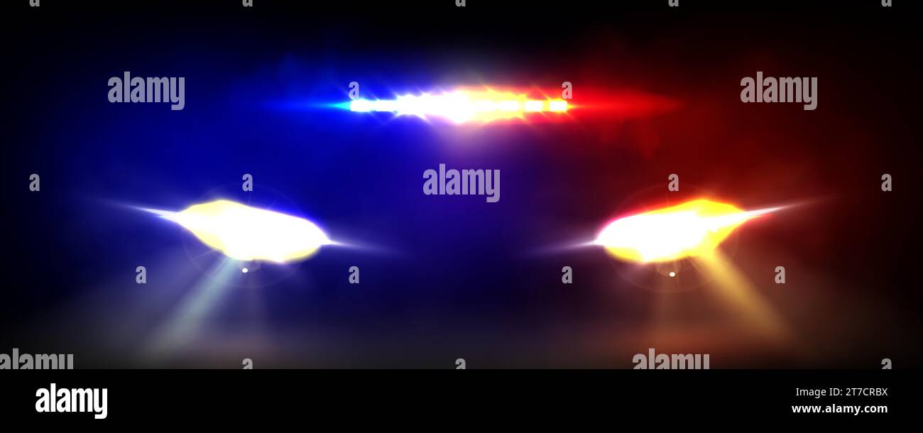 Police car light bar and headlights on black background. Vector ...