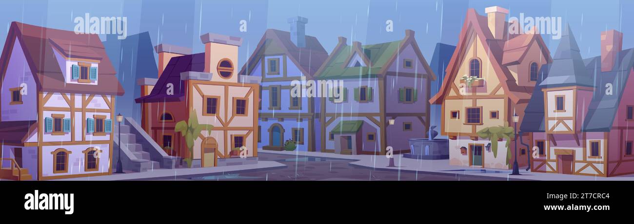Medieval german city street with houses at rain. Cartoon vector ...