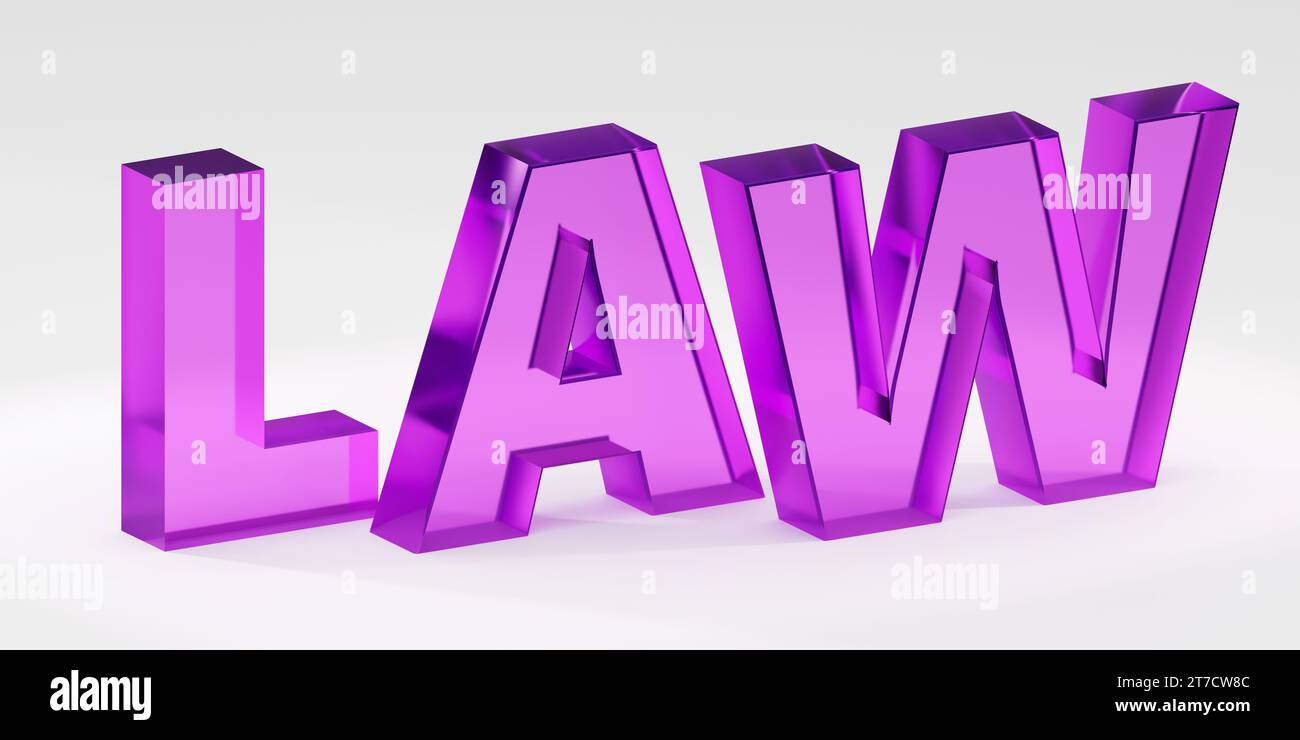 3d render sign law made by purple glass and light background. Simple ...