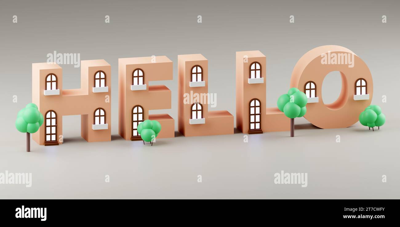 3d Cute little houses on grey background saying hello. 3D render ...
