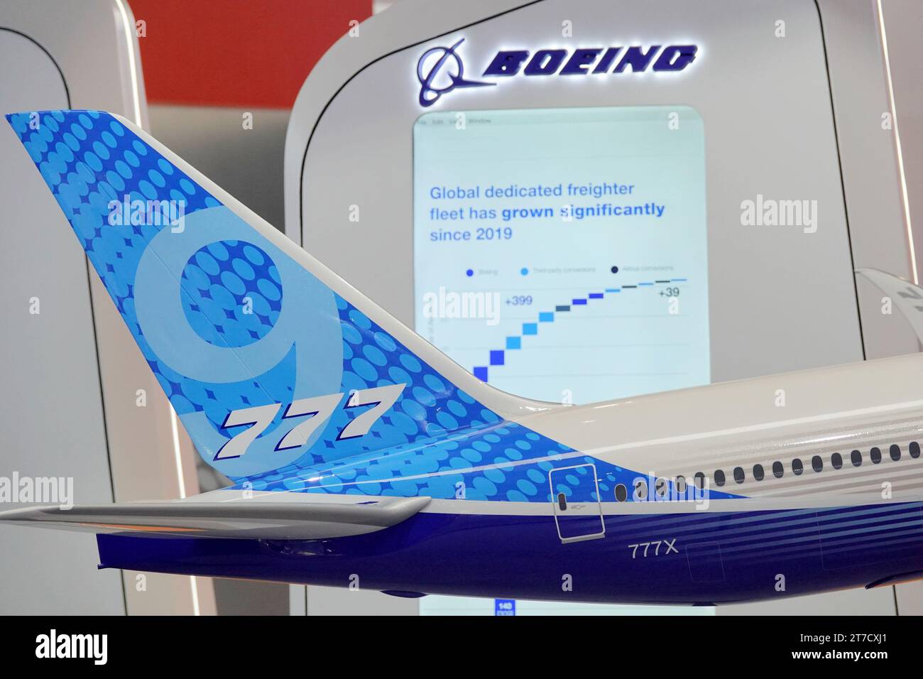 SHANGHAI, CHINA - NOVEMBER 8, 2023 - A model of Boeing's 777X passenger jet is displayed at the ...