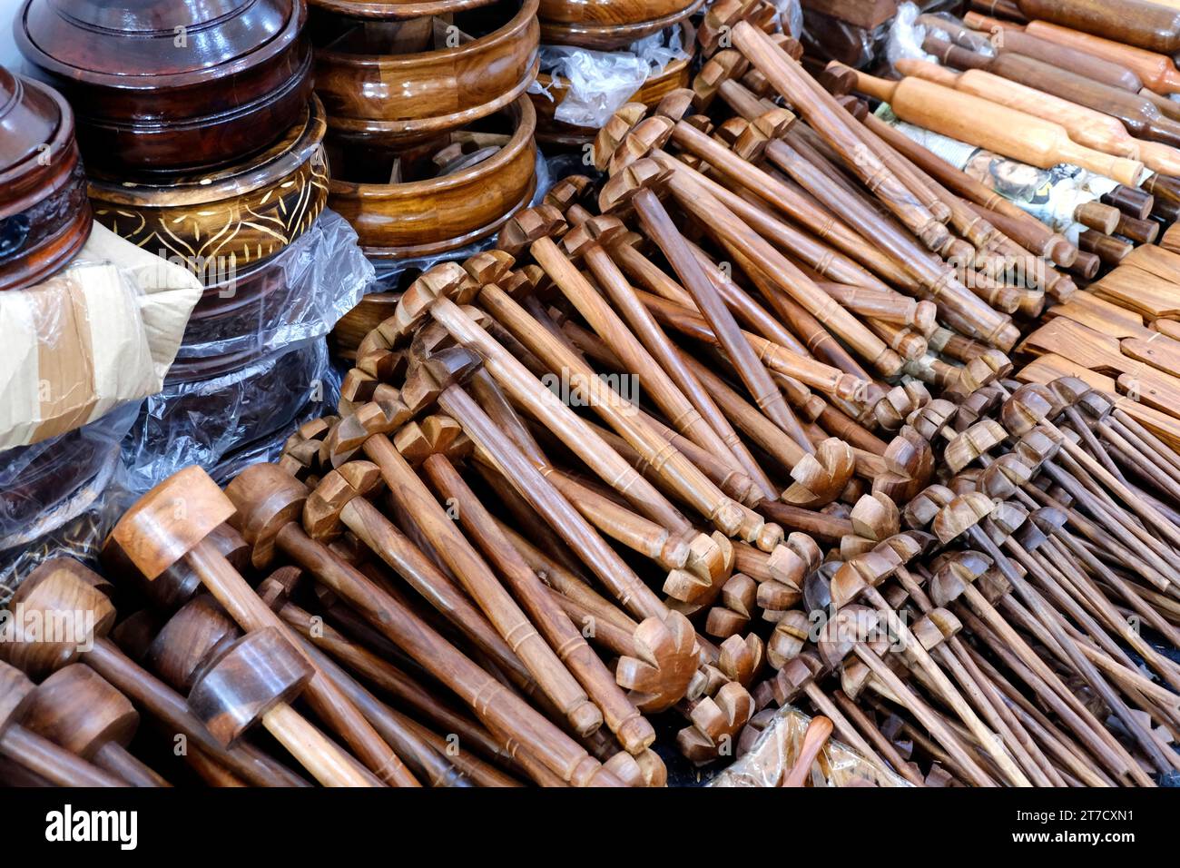 Wooden kitchenware and decorations sold in traditional crafts fair in ...