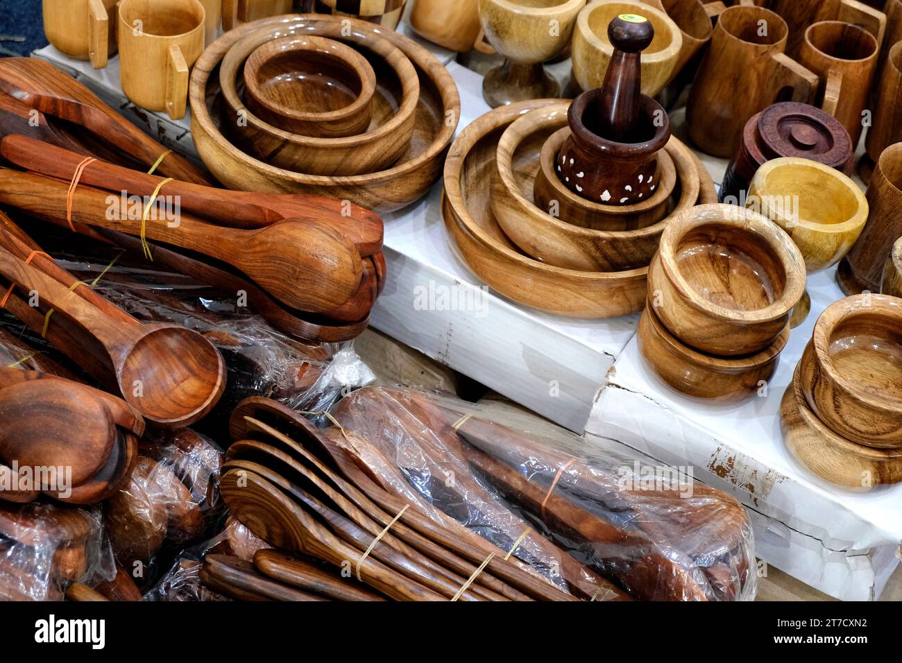 Wooden kitchenware and decorations sold in traditional crafts fair in ...