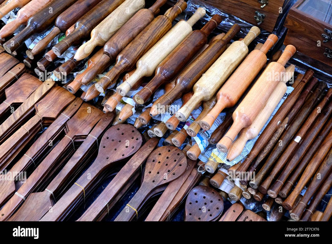Wooden kitchenware and decorations sold in traditional crafts fair in ...