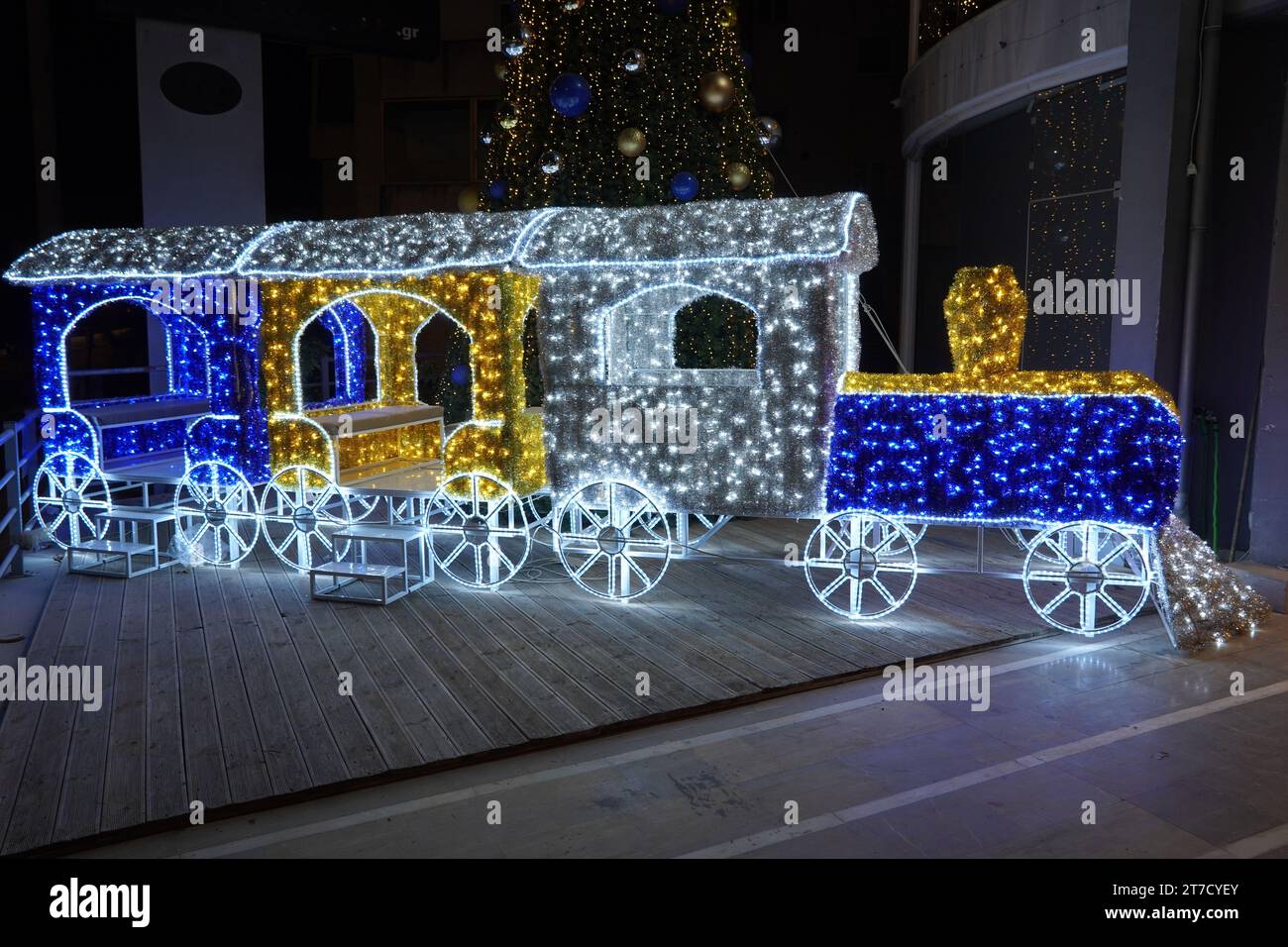 A holiday, light decorated train, in Glyfada, Greece Stock Photo - Alamy
