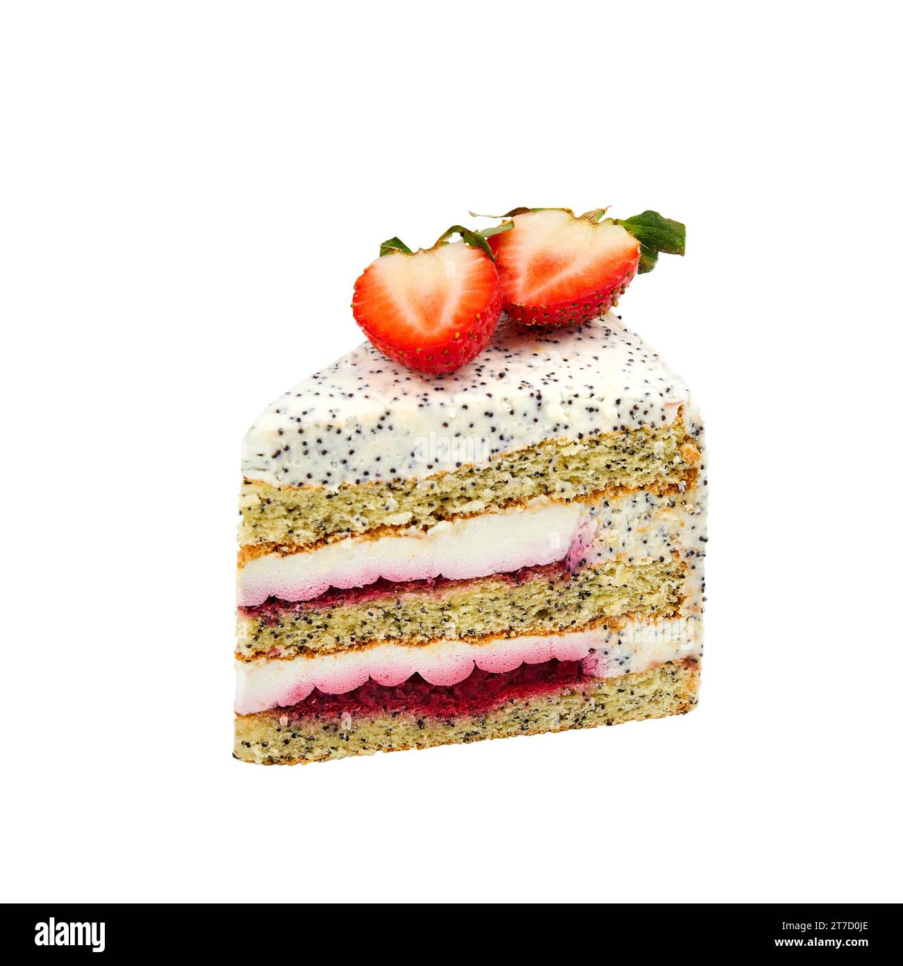 A piece of Raspberry basket cake based on poppy seed biscuit, curd ...