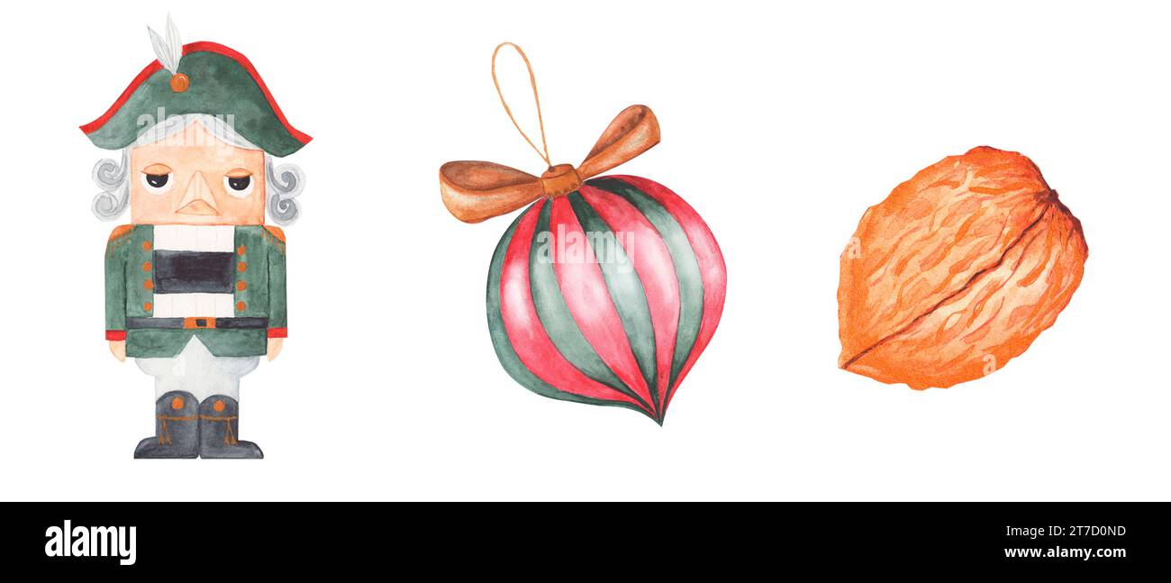 Watercolor set of soldier nutcracker, Christmas tree toy ball and ...