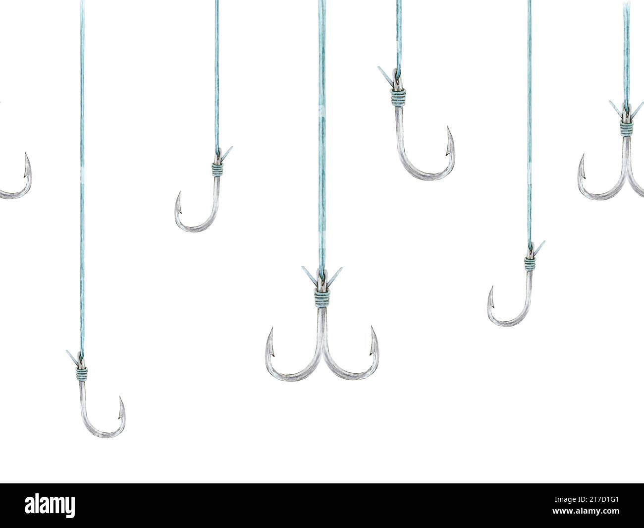 Fishhooks on fishing lines seamless border. Watercolor drawing of sharp ...