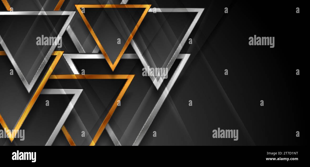 Golden and silver glossy triangles abstract dark technology background ...
