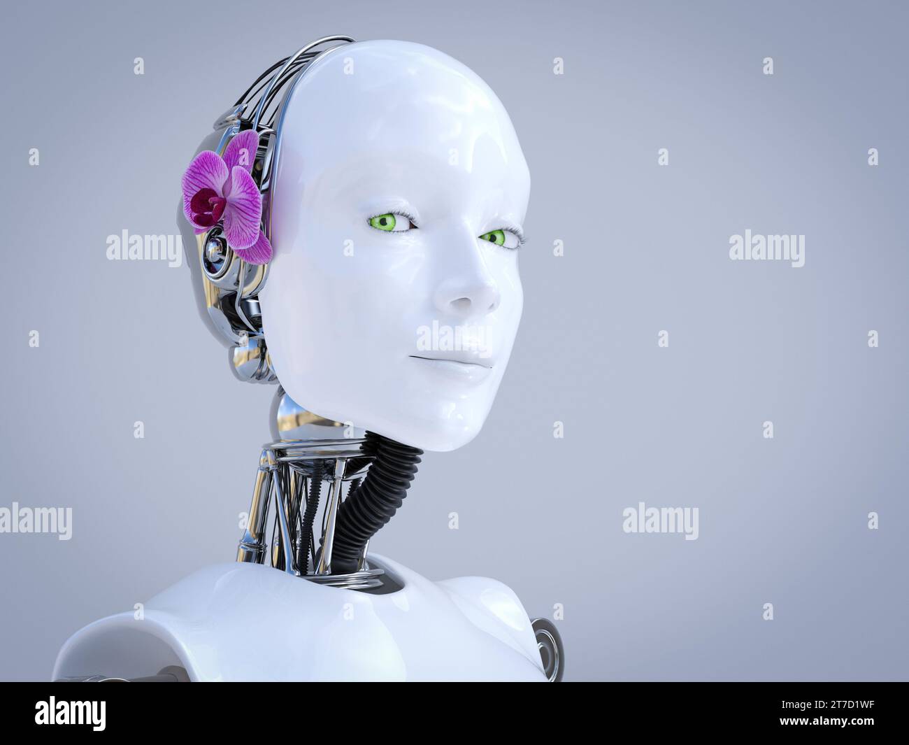 3D rendering portrait of a female robot with a beautiful orchid flower ...