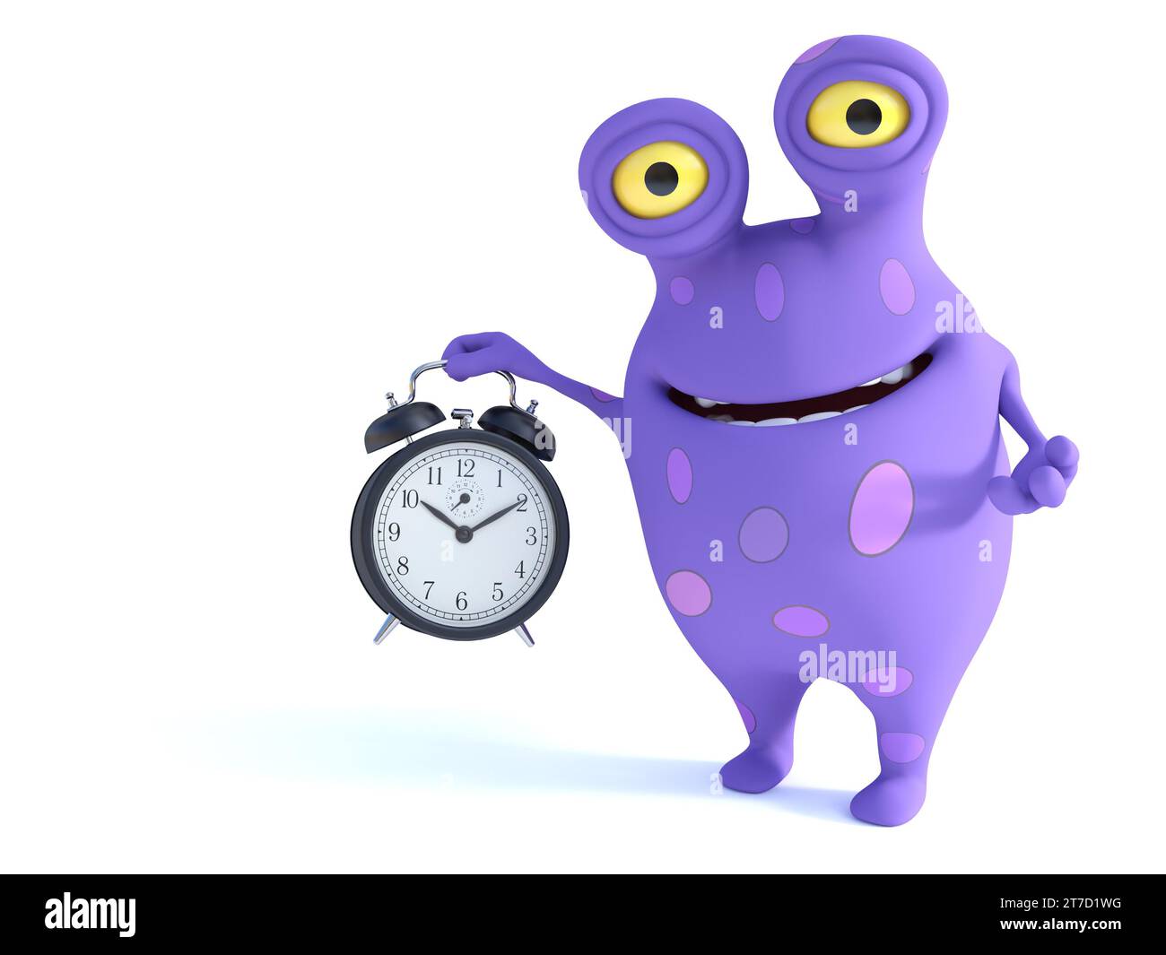 A cute charming cartoon monster holding a big old style alarm clock and ...