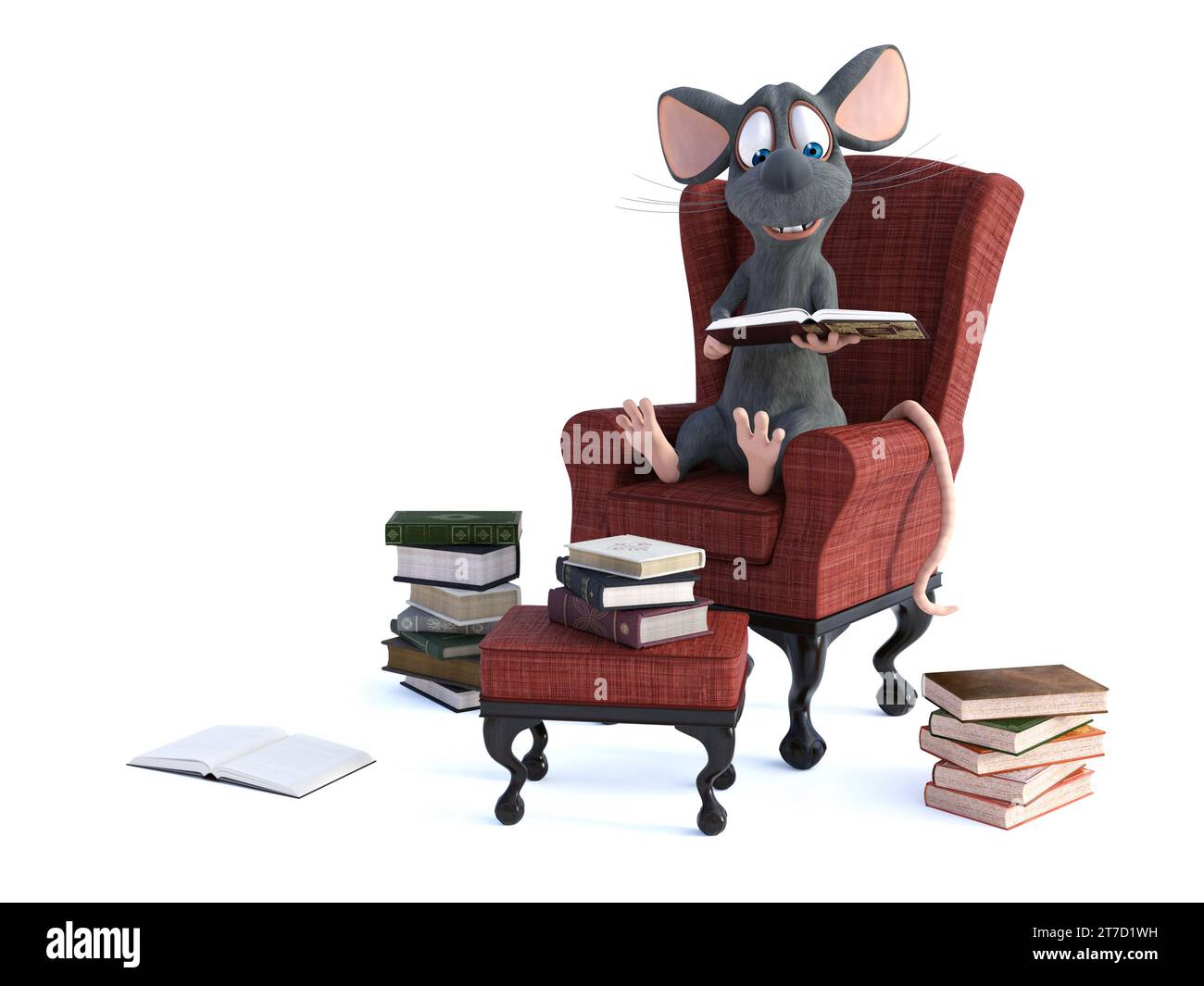 3D rendering of cute smiling cartoon mouse sitting in cosy armchair ...