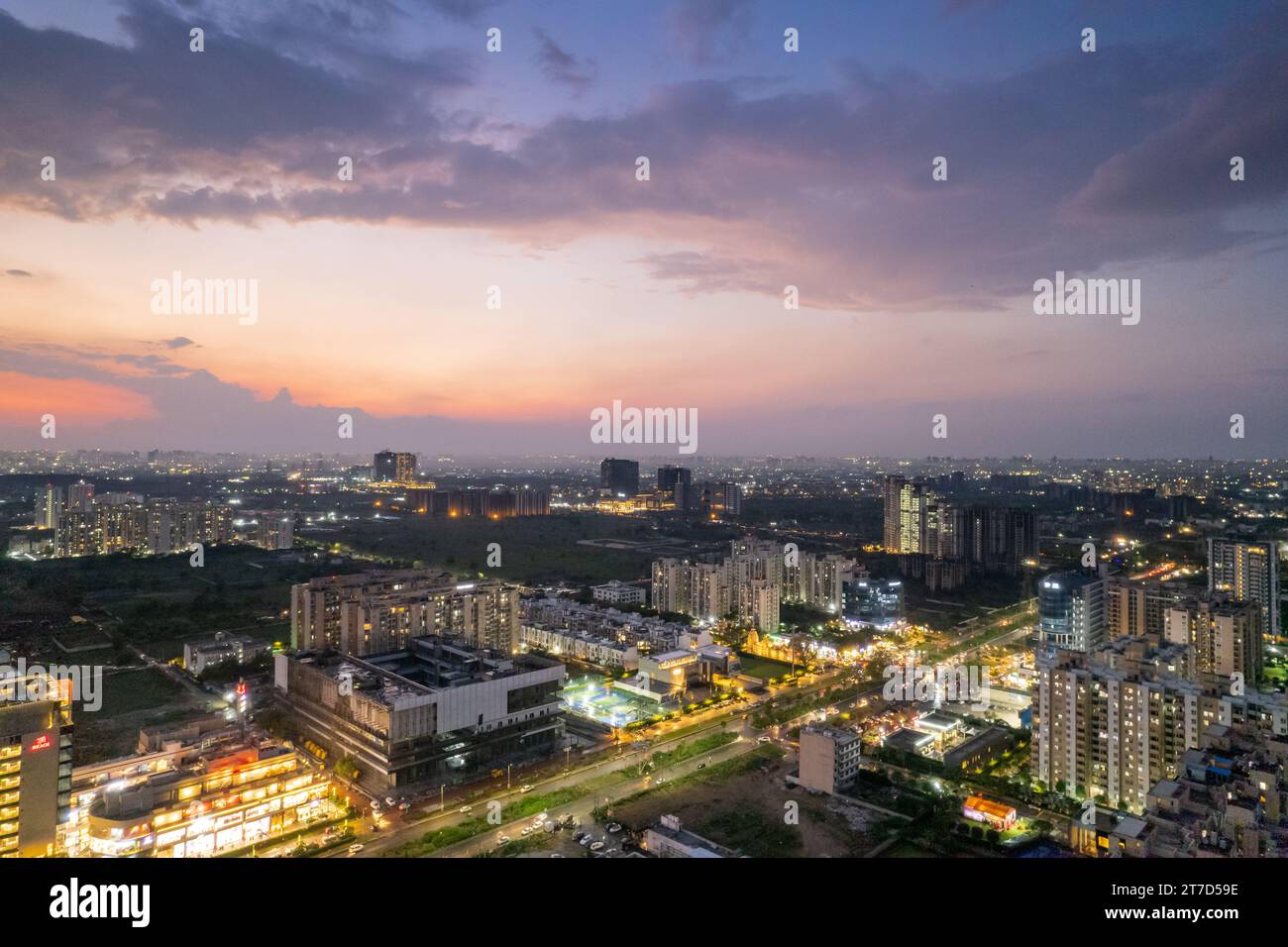 Aerial drone shot showing gurgaon delhi road sky scrapers with shopping ...