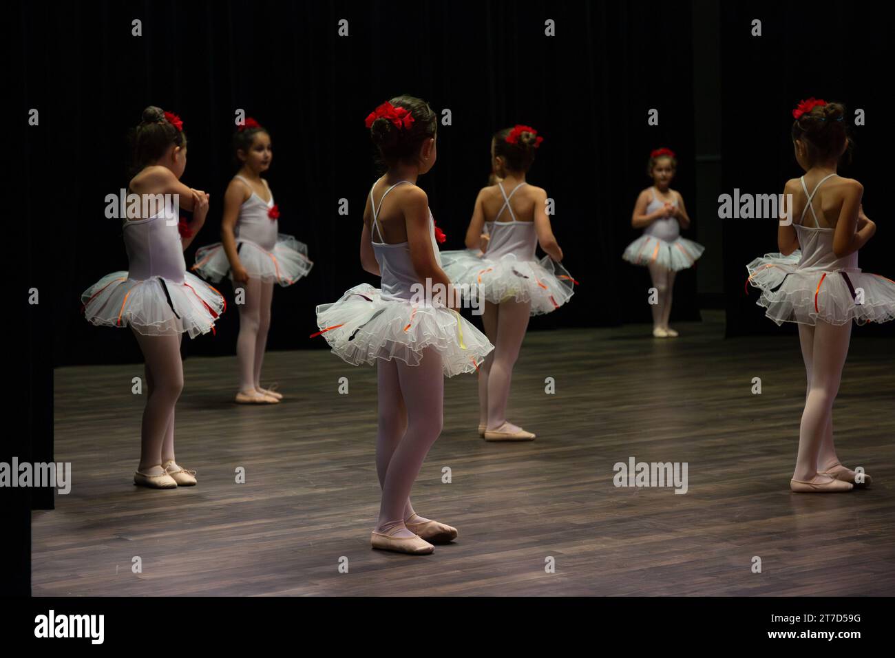Group of young ballerinas in tutus on stage preparing a classic dance ...