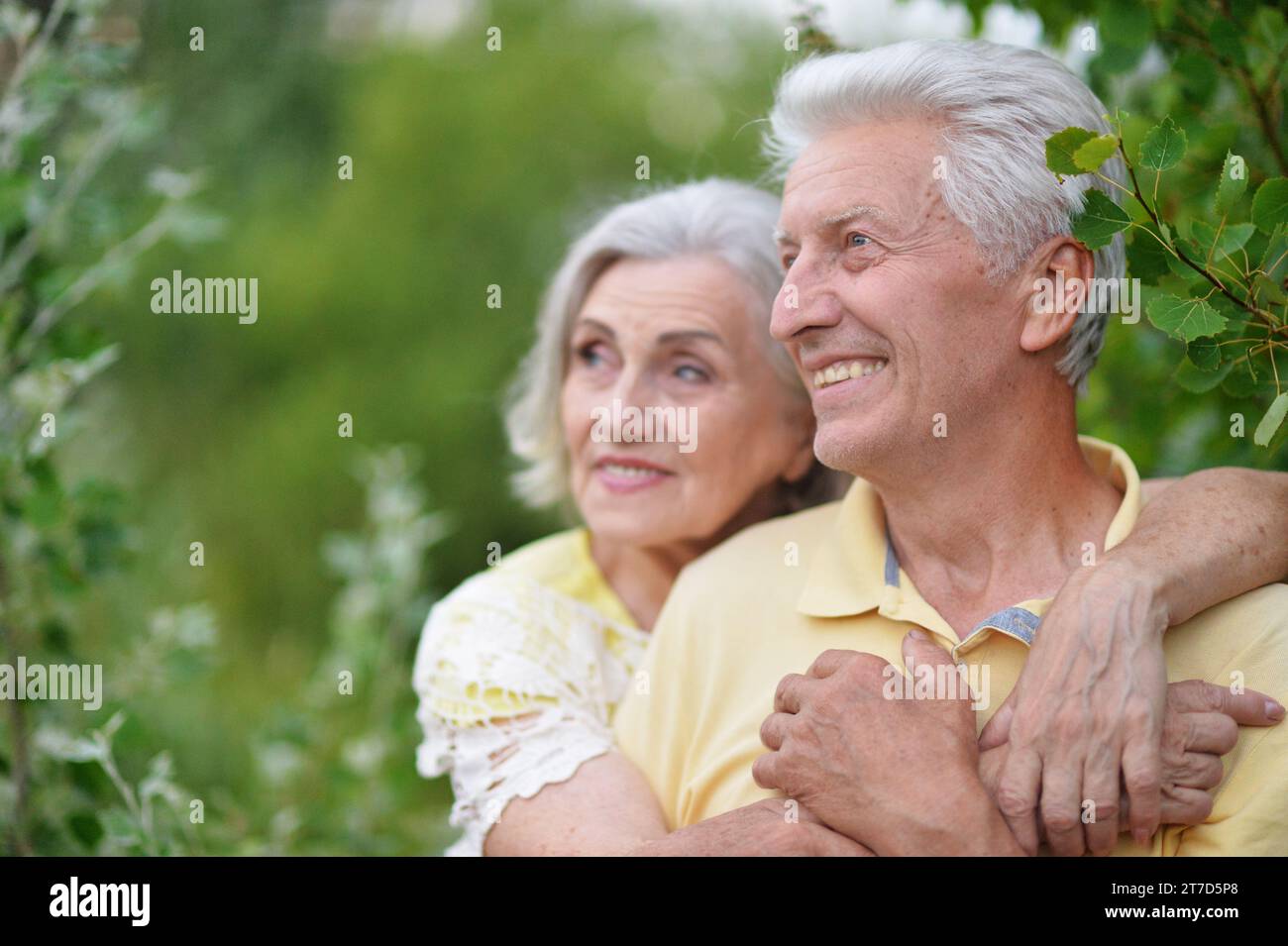 nice elderly couple walks in nature in summer Stock Photo - Alamy