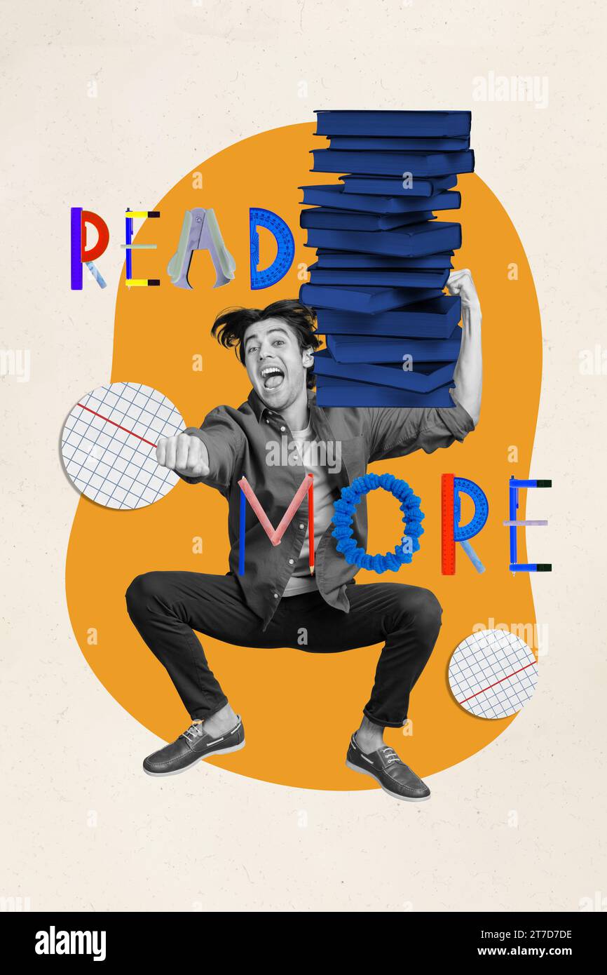 Collage artwork picture of excited funky guy delivering book pile ...