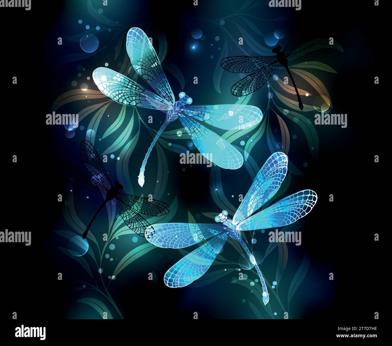 Two transparent, luminous, turquoise, artistically drawn dragonflies on ...