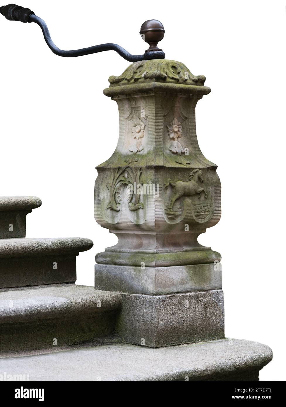 medieval stone column with stairs of the entrance to the house on a ...
