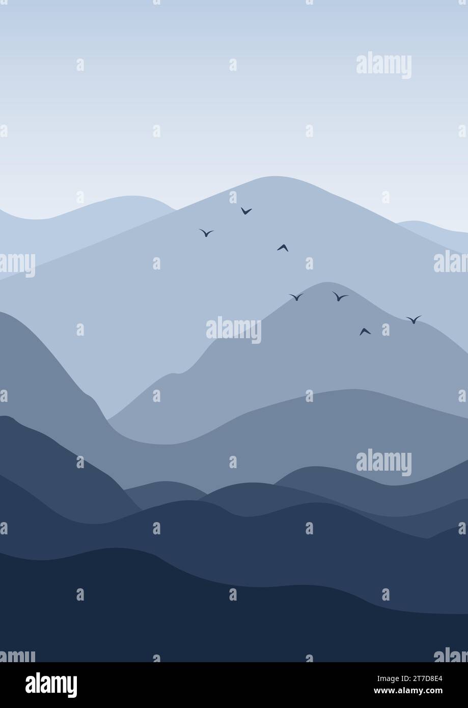 Aesthetic minimalist blue mountains with flying birds landscape poster ...