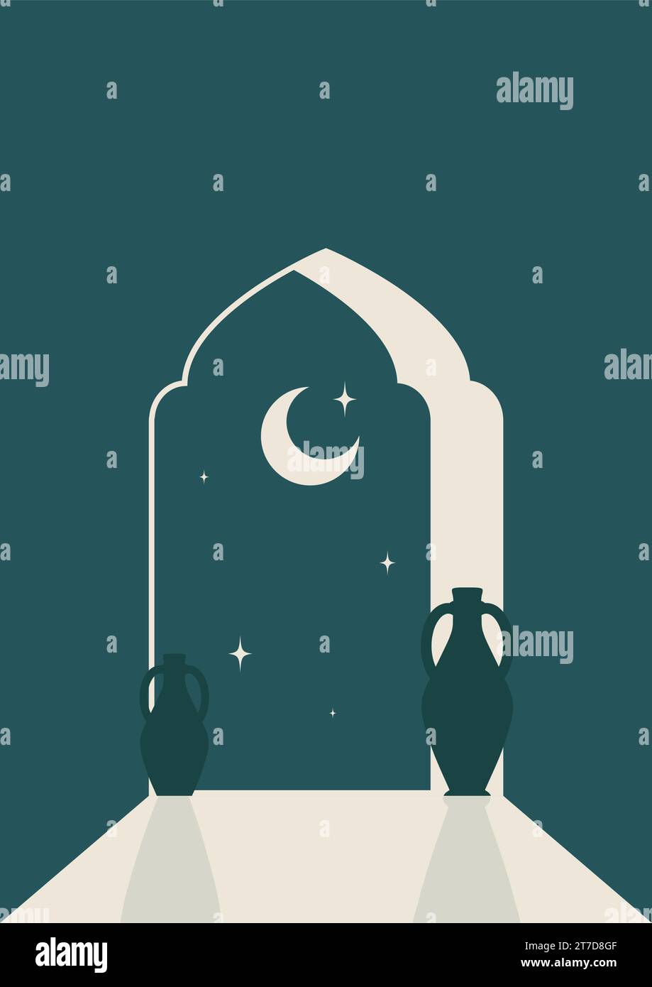 Old city minimalist boho night illustration print. Arch and jar ...