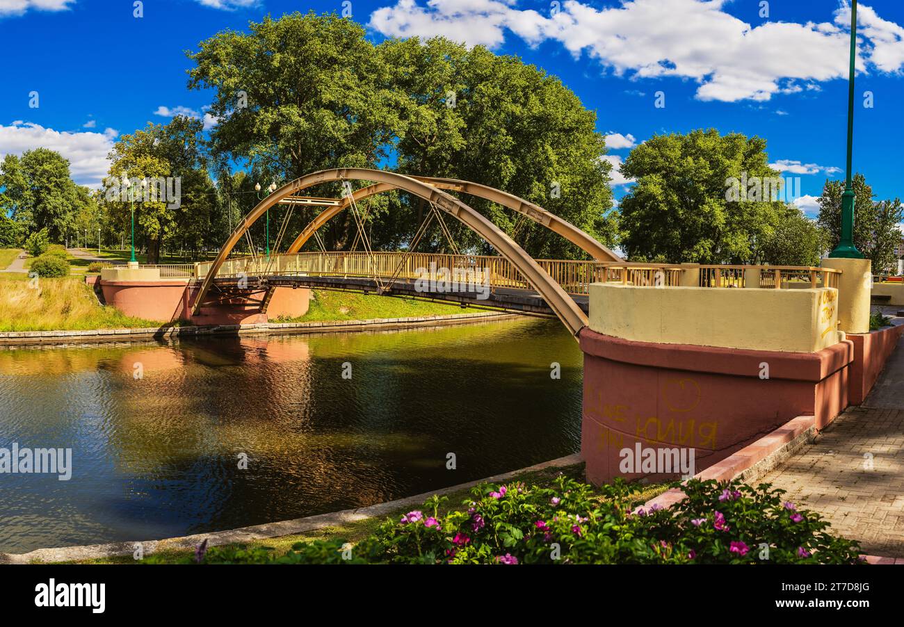 Bridge on Svisloch river flows through Minsk, the capital of Belarus ...