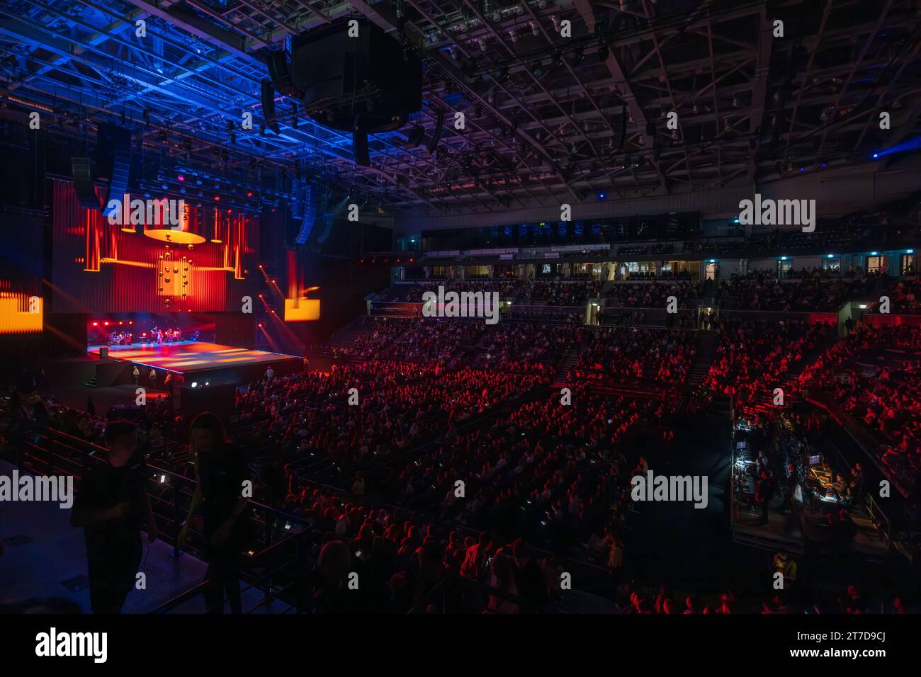 Aerial drone view of crowd attending performance during business ...