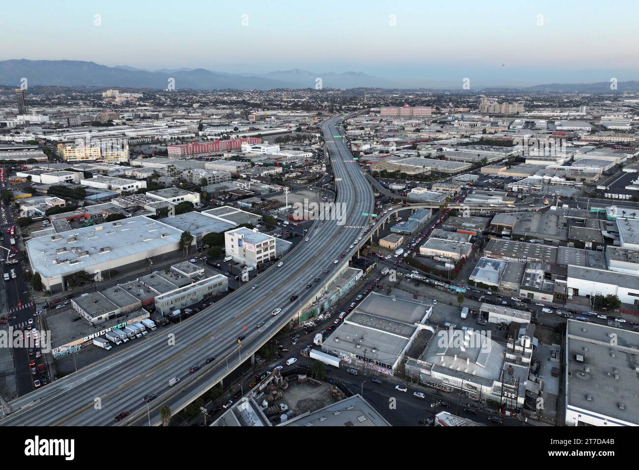 A general overall aerial view of freeway closure of the Interstate 10 ...