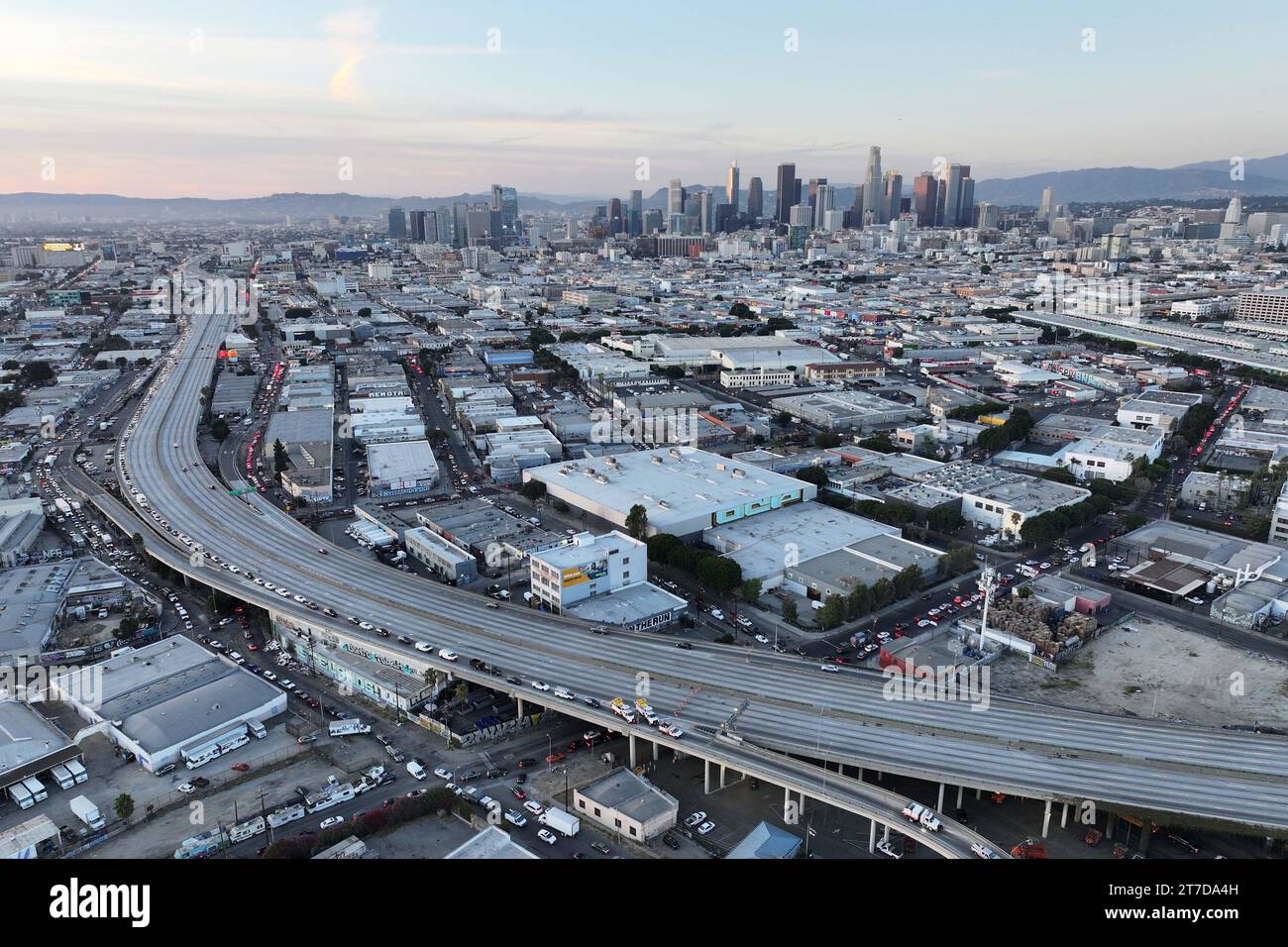 A general overall aerial view of freeway closure of the Interstate 10 ...
