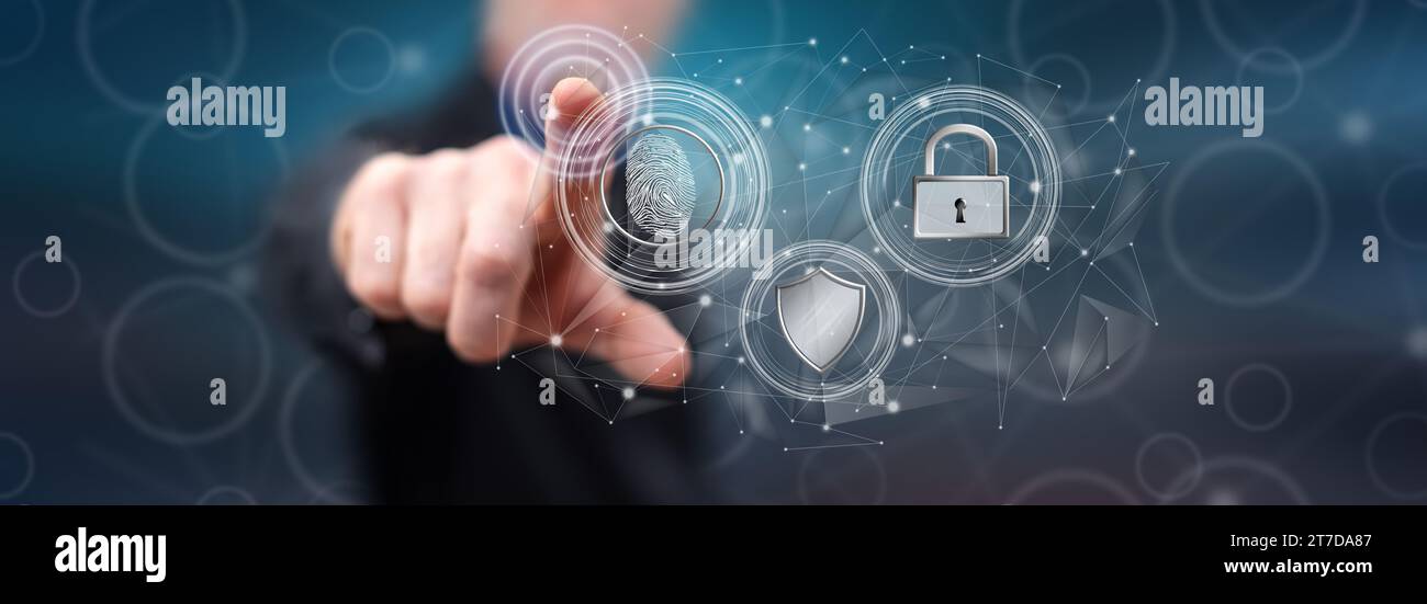 Man touching a data security concept on a touch screen with his finger ...