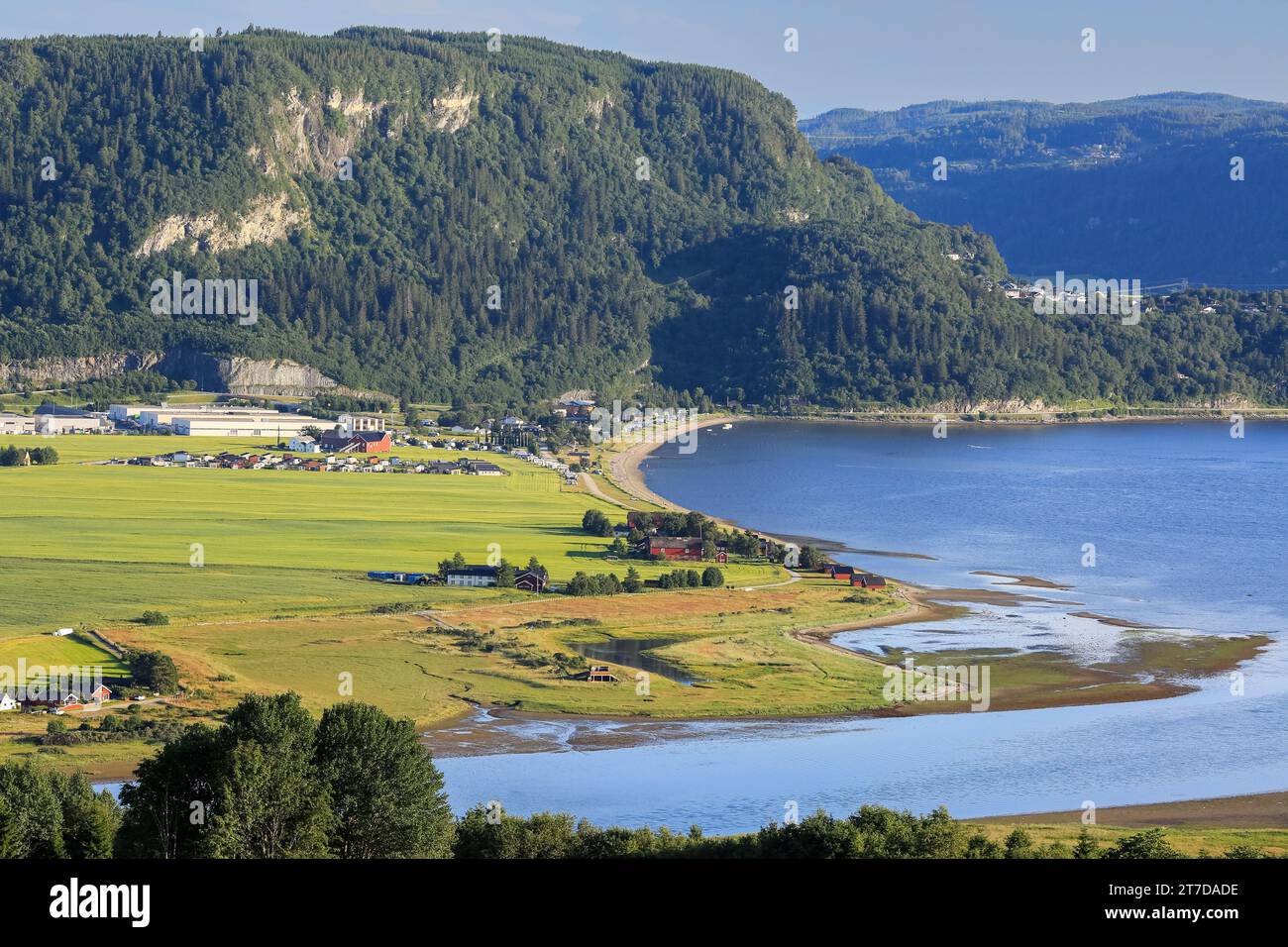 Aerial view of the beach and agricultural area Oesand, river Gaula ...