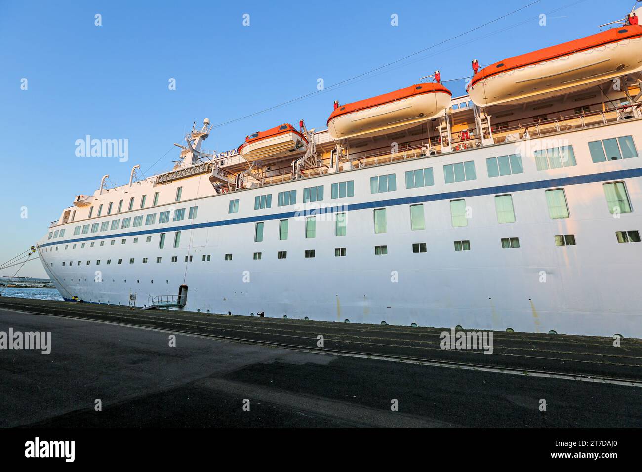 Small classic cruise ship MS Astor moored in St Nazaire harbor docks to ...