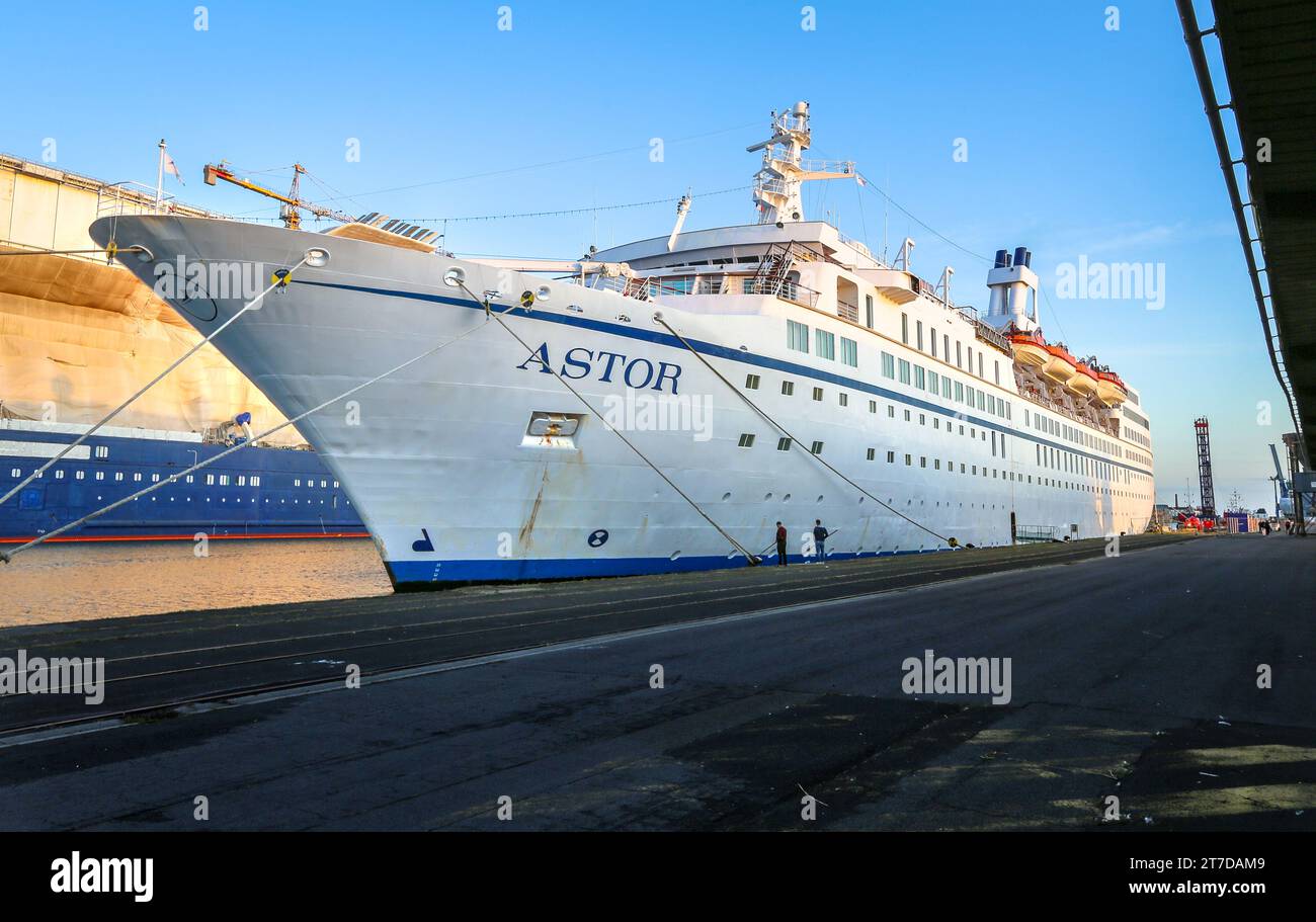 Small classic cruise ship MS Astor moored in St Nazaire harbor docks to ...